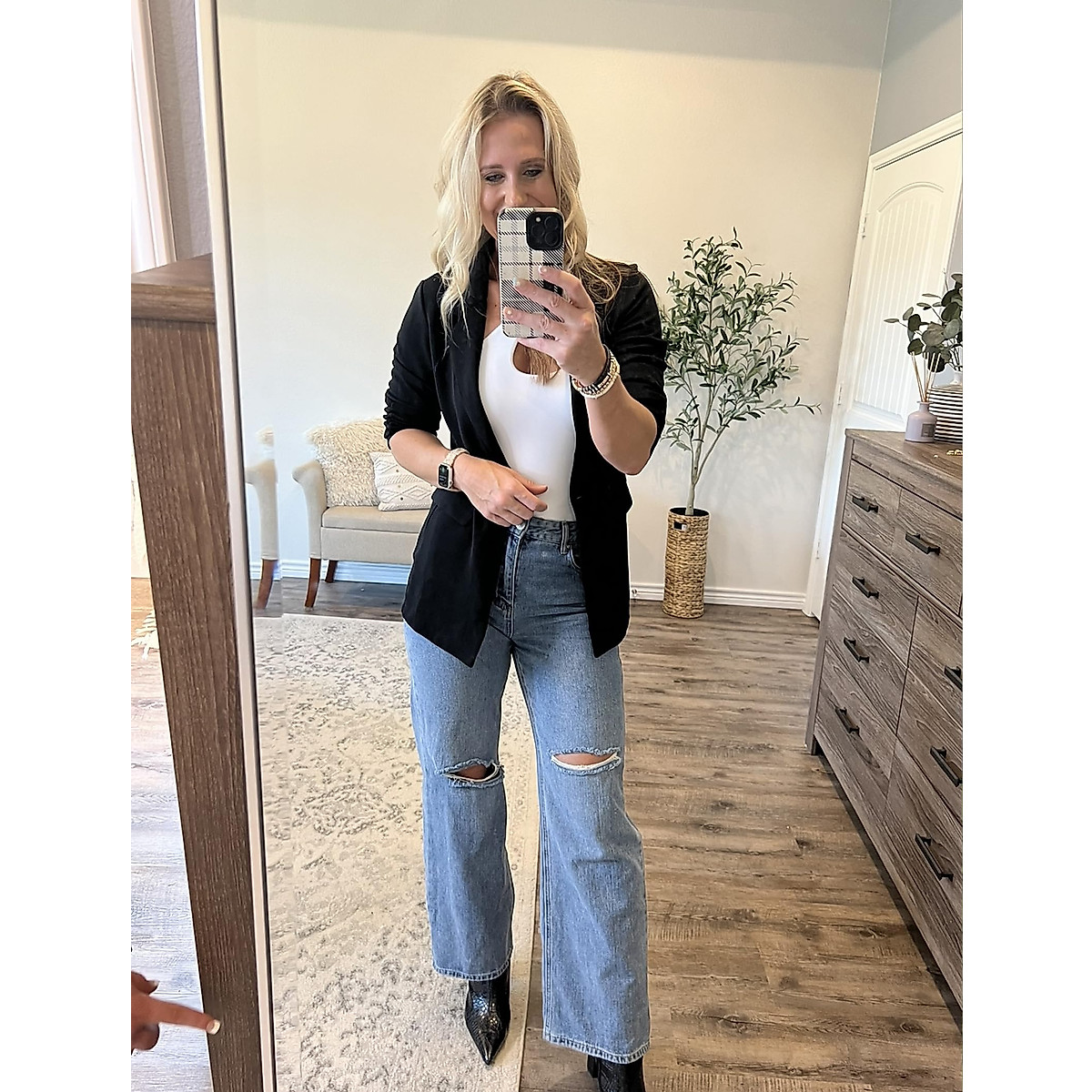 HOTOUCH Womens Casual Blazers 3/4 Stretchy Ruched Sleeve One Button Work Office Blazer Open Front Jacket S-XXXL Black