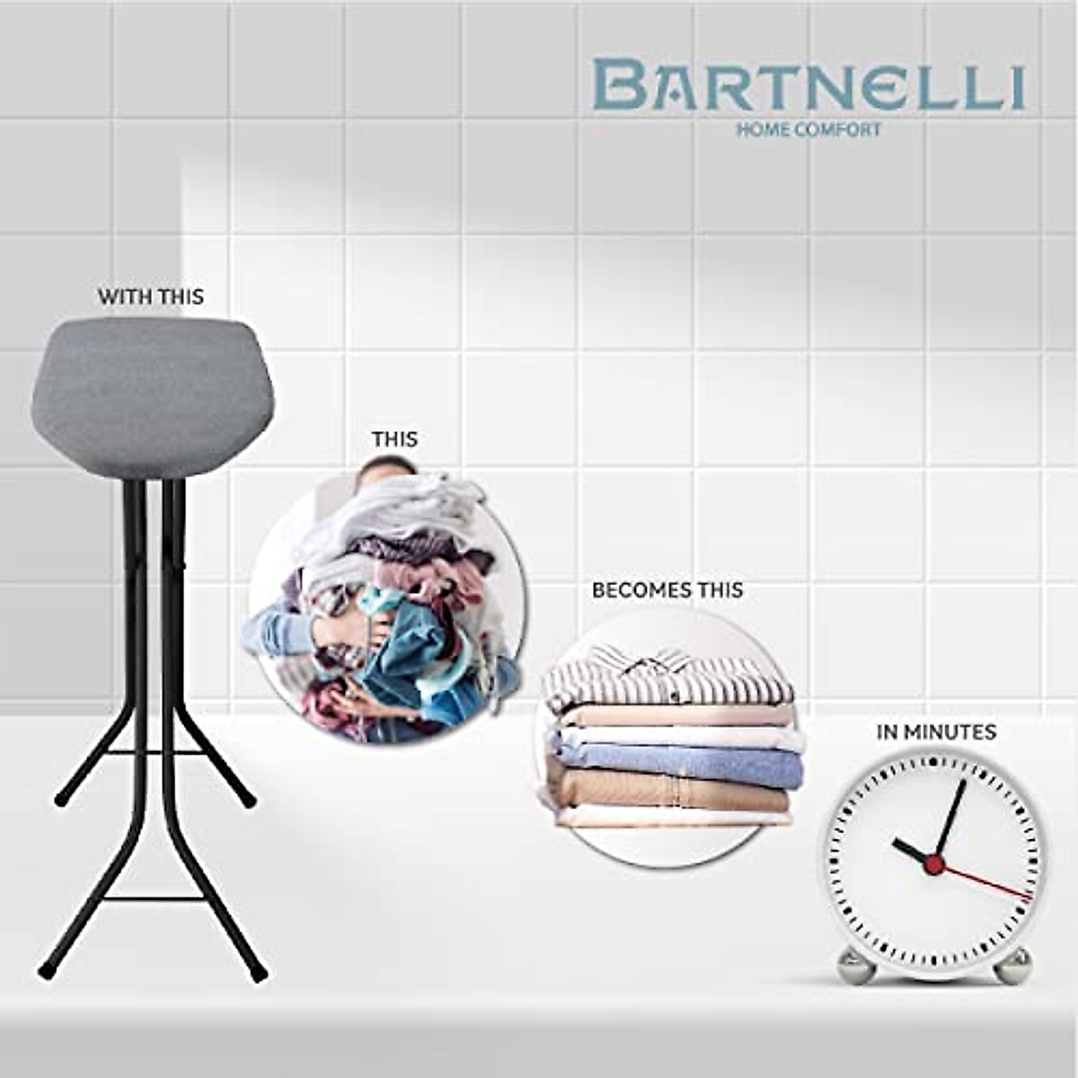 Bartnelli Patented Pulse Ironing Board | Made in Europe | Space Saving Smart Hanger Iron Board for Easy Storage | Lightweight, 4 Layer Cover, 4 Legs, for Dorm, Laundry Room, or Small Spaces(43x13-35)