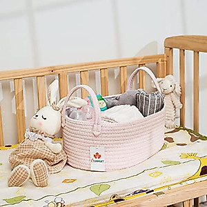 AUNHUIT Baby Diaper Caddy Organizer, Extra Large Cotton Rope Storage Bin for Nursery Essentials [8 Pockets+5 compartments], Portable Basket for Changing Table/Car-100% Natural Cotton (Pink)