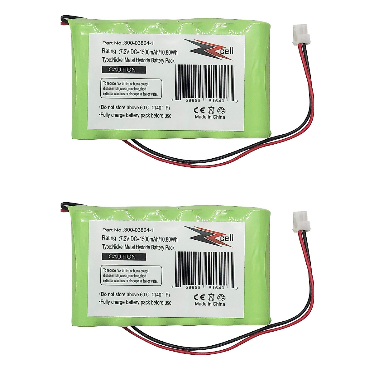 ZZcell 2-Pack Battery for Honeywell Alarm 300-03864-1, Lynx L3000, Lynx L5000, Lynx L5100, ADEMCO 300-03865, 7.2V, 1500mAh (NOTE: Please Check Part Number Before Purchase -Battery Connector- 2 Prong)