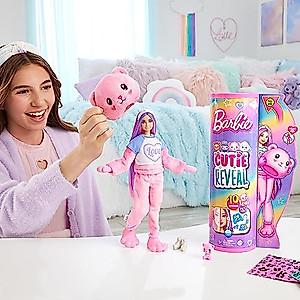 Barbie Cutie Reveal Doll with Pink Hair & Teddy Bear Costume, 10 Suprises Include Accessories & Pet (Styles May Vary)