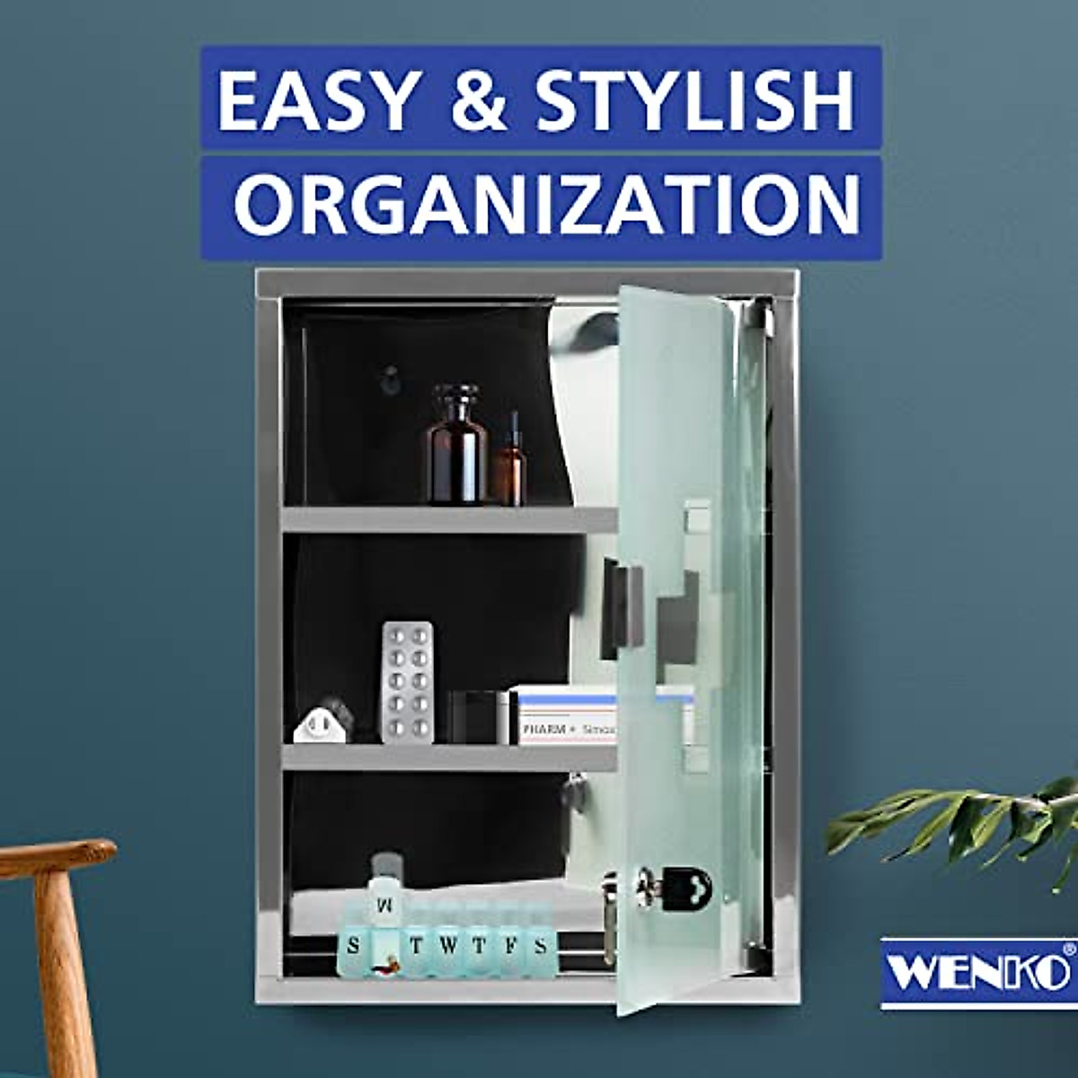 WENKO Medicine Cabinet with Lock, Wall mounted Bathroom Storage, Hanging Medical Cabinet, First Aid Wall Cabinet with Safety Glass Door, Modern, Medium, 11.8 x 15.7 x 4.7 in, Silver Shiny