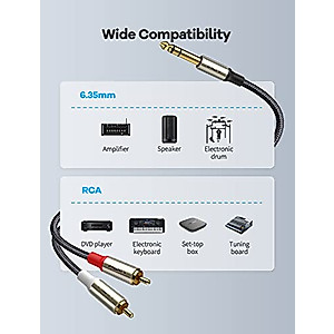 VIOY 1/4 to Dual RCA Audio Cable, Gold Plated Copper Shell Heavy Duty 6.35mm Quarter Inch Male TRS Jack to 2 RCA Phono Male Stereo Y Insert Splitter Adapter……