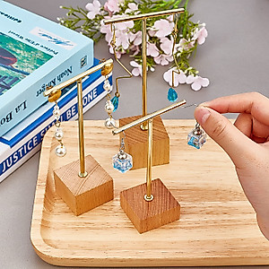FINGERINSPIRE 3 Pcs Gold Metal T Bar Earring Display Stand 6.3/5.5/4.5 Inch Height Jewelry Stand with Wooden Square Base Earring Hanging Holders Jewelry Organizer for Store Retail Photography Props