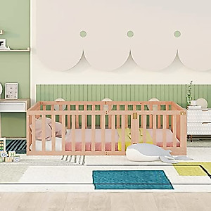 GLANZEND Full Size Floor Bed, Frame with Fence-Shaped Guardrails and Lockable Door, Solid Wood Montessori Platform Bed for Kids, Toddlers, Boys Girls, No Box Spring Needed, Natural