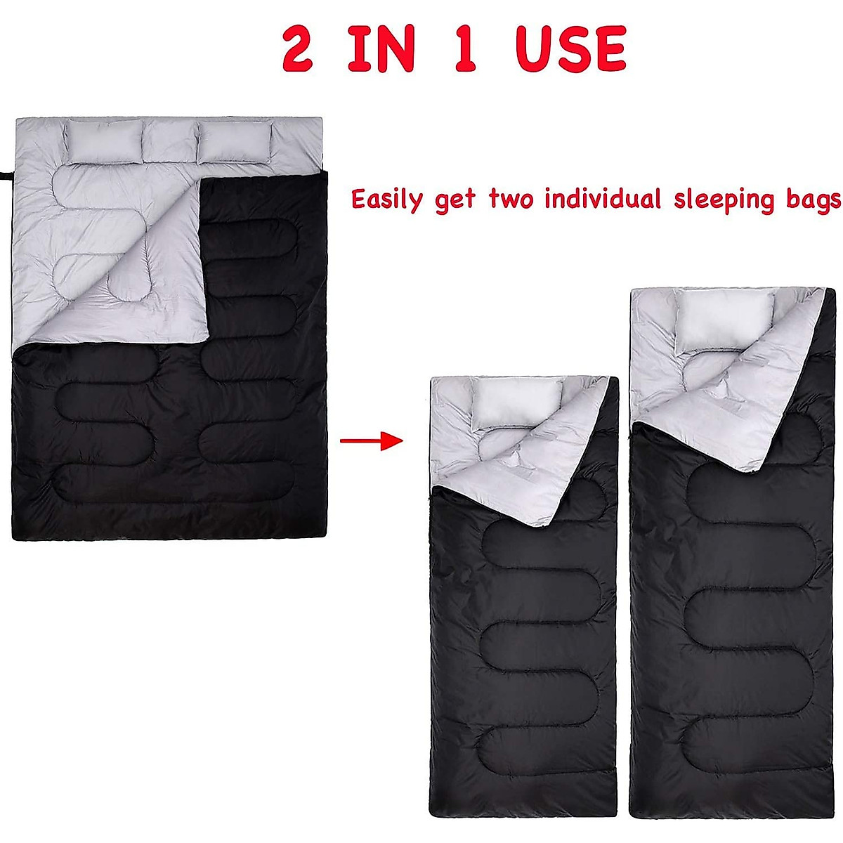 Sleeping Bags for Adults 2 Person, Ohuhu Double Sleeping Bags for Adults with 2 Pillows Fall Winter Cold Weather Waterproof Queen Sleeping Bag for Family Kids Teen Outdoor Camping Hiking Backpacking