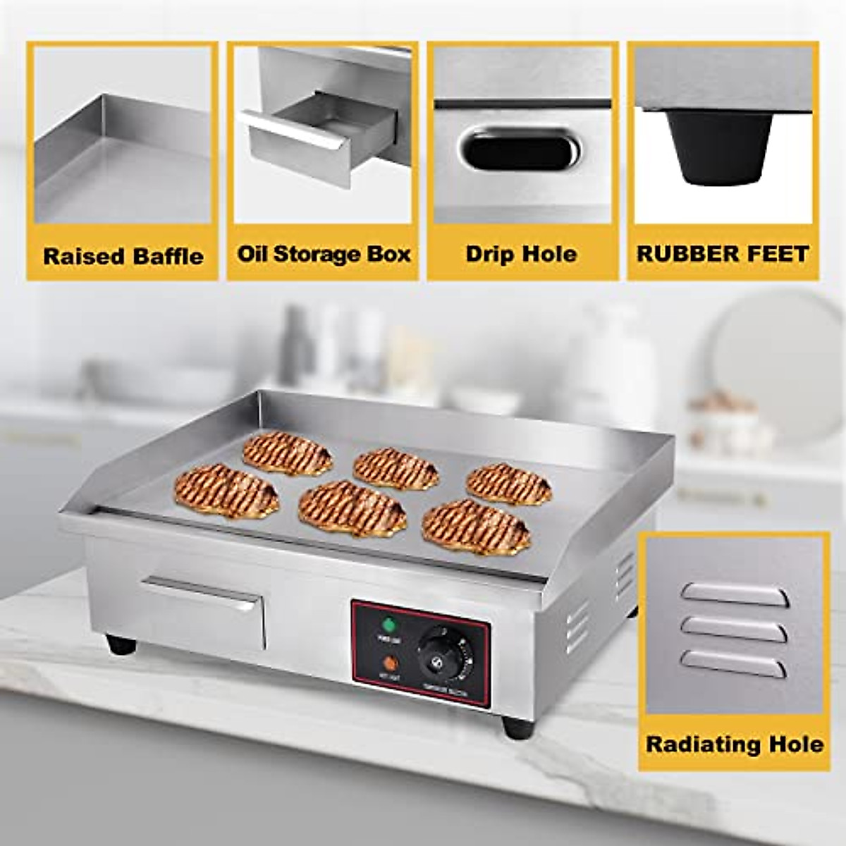 22" Commercial Electric Griddle, Electric Flat Top Grill, 3000W Countertop Griddle with Shovels and Brushes for Restaurant Kitchens