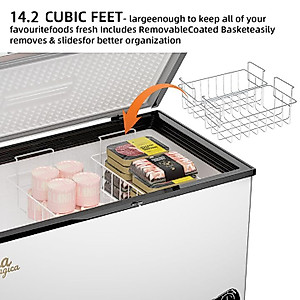 rosmena Commercial Chest Freezer - 14.2 Cu.Ft Deep Freezer with Lock, Ice Scoop, Removable Baskets, Temp Rang 0.4°F To 50°F, Quiet Energy Saving Freezer for Ice Cream, Bulk Storage, Silver