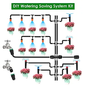 HAYIFTY Drip Irrigation Kit, 140 Feet Garden Irrigation System with Adjustable Nozzle Sprinkler Sprayer&Dripper Patio Plant Watering Kit M BLACK
