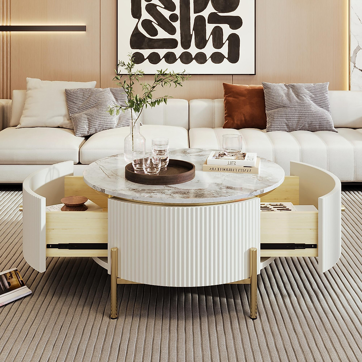Merax Modern Round Coffee Table Set with 2 Large Drawers Storage Golden Metal Leg Circular Marble Pattern for Living Room Apartment（31.5''）, Off White