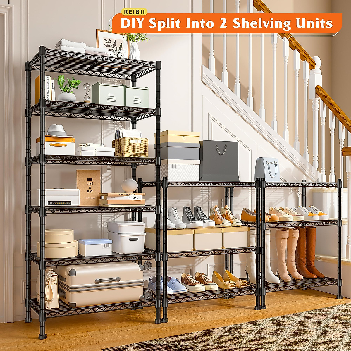 REIBII 6-tire Wire Shelving Rack,Storage Shelves Metal Shelves for Storage Load 1000 LBS,Heavy Duty Shelving Unit with Wire Shelf Adjustable Pantry Shelf Bathroom Kitchen Garage Black 24" Wx14 Dx71 H