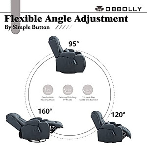 OBBOLLY Swivel Rocker Recliner Chair with Massage, Manual Glider Rocking Recliner Chair, Wingback Design 360° Swivel Chair with Lumbar Pillow, Cup Holders for Living Room (Single, Blue Grey-Linen)