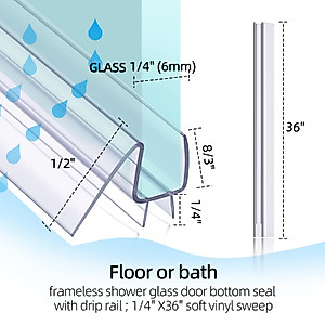 Shower Door Bottom Seal POZIA-36 Long,1/4"(6mm) Thick Frameless Glass Shower Door Seal Strip Clear Polycarbonate Durable Stop Shower Leaks and Create a Water Barrier Ultra Clear