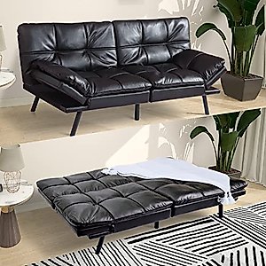 Maxspeed Sofa Bed, Modern Convertible Futon Sleeper Couch Daybed with Adjustable Armrests for Studio, Apartment,Office,Small Space, Compact Living Room,Black