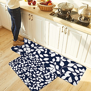 Carosoffe White Leaf Kitchen Rug 2 PCS, Non-Slip Soft Absorbent Standing Mats for Kitchen Bathroom Living Room Laundry Room Runner Rug Set Spring Botanical Silhouette Navy Blue 20x31.5+20x47
