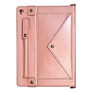 Case for 9.7-inch iPad 2018 2017 (iPad 5th/6th Generation), iPad Air/Air 2 Case, Techcircle Smart Folio Stand PU Leather Crossbody iPad Cover with Hand Strap, Card/Pencil Holder Wallet Case, Rose Gold