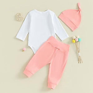 Newborn Baby Girl Boy Clothes Im New Here Infant Romper Top Pants Beanie Hat Set Baby Coming Home Outfit (Pink, 6-9 Months)