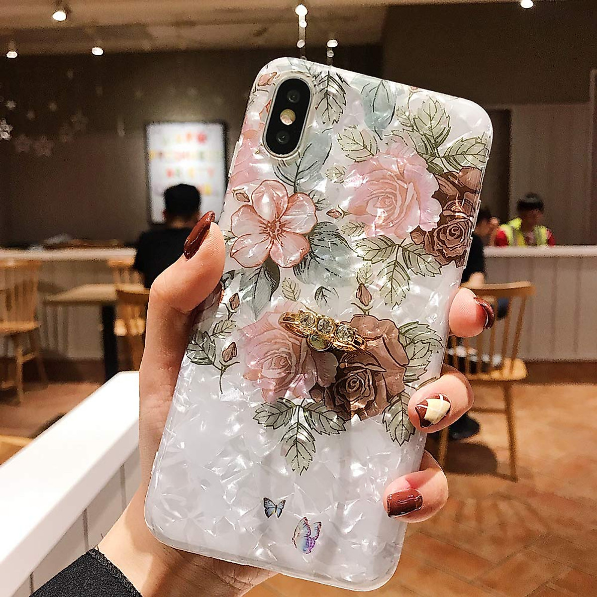 Qokey Compatible with iPhone Xs Case,iPhone X Case Floral Cute Clear for Men Women Girls with 360 Degree Rotating Ring Kickstand Soft TPU Shockproof Cover Designed for iPhone X/XS 5.8" Brown Flower