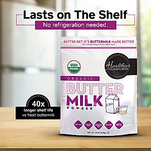 Healthier Comforts Organic Buttermilk Powder | USDA Certified Organic Powdered Buttermilk, Kosher, Gluten Free, Non-GMO | Dry Buttermilk Powder for Baking Supplies, Biscuits & Gravy, Mini Pancakes 21oz