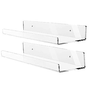 Blingsoul Set of 6 Clear Acrylic Floating Shelves - 5mm Invisible Wall Mounted Shelf, Makeup Display Organizer Nursery Bookshelf Spice Lip Shelf, Bathroom Storage or Room Décor Shelf