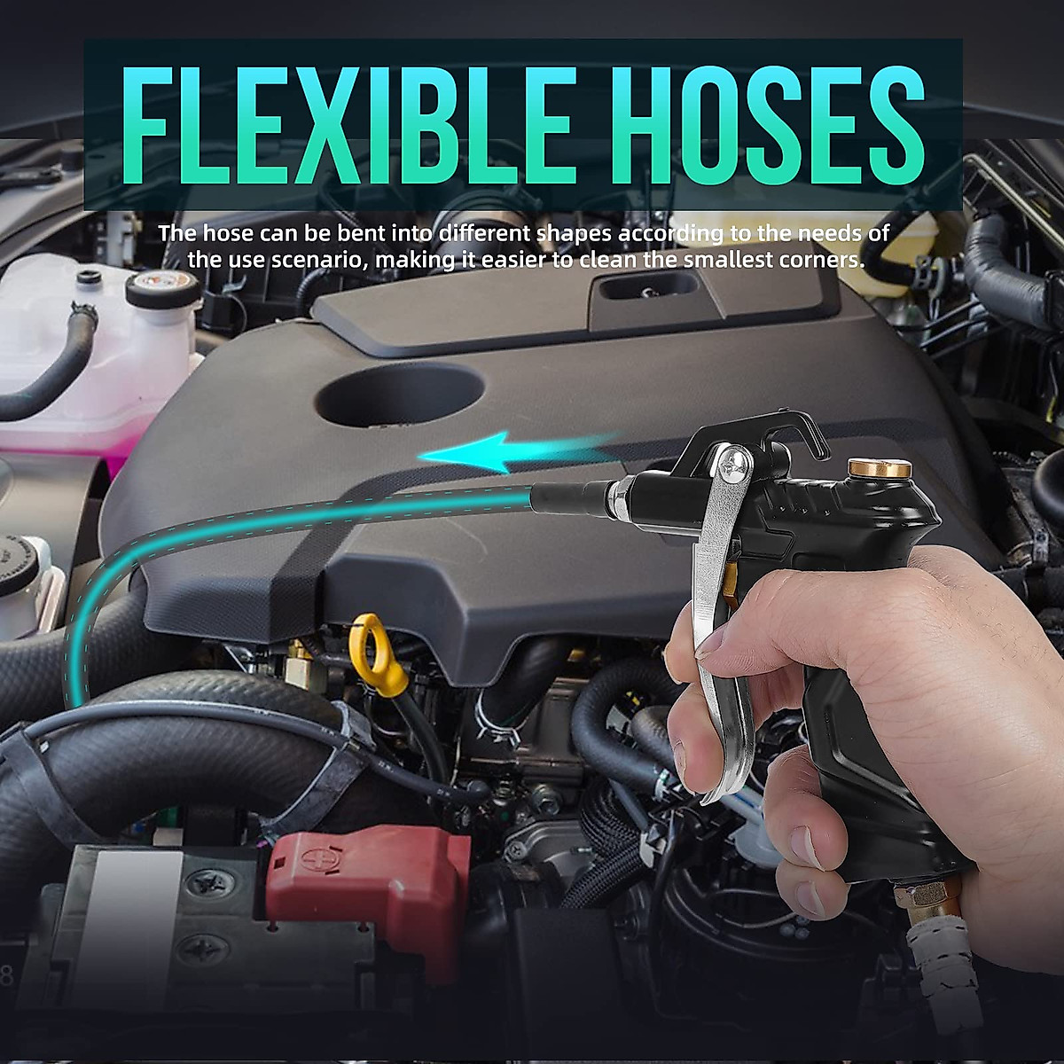 Industrial Air Blow Gun with Brass Adjustable Air Flow Nozzle, Steel Air Flow Extension, and Blow Hose, Pneumatic Air Compressor Accessories Tool Dust Cleaning Air Nozzle Blow Gun (Black)