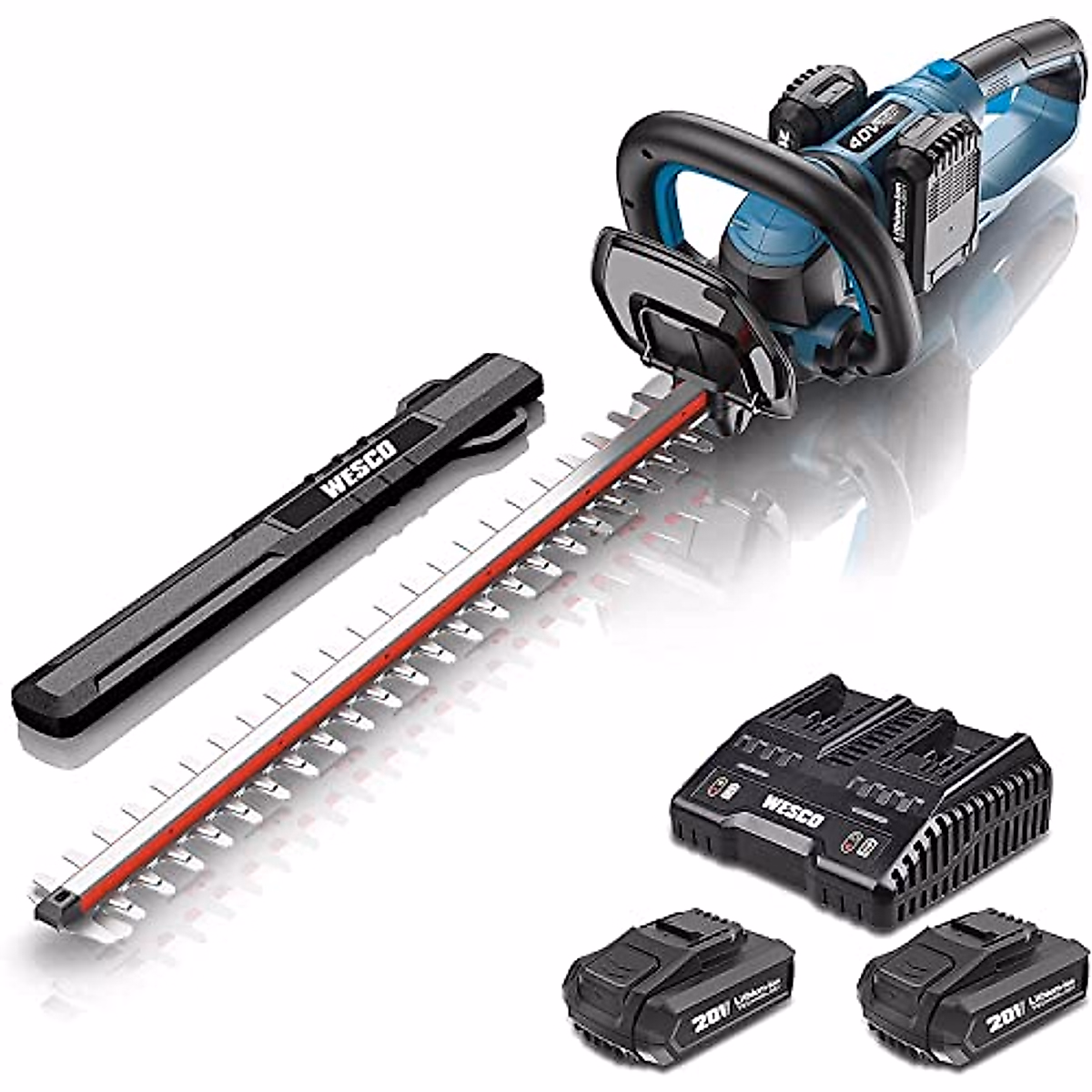 WESCO 40V Cordless Hedge Trimmer, 24-Inch Dual Action Cutting Blades, 3/4-Inch Cutting Capacity, 2Pcs 2.0Ah Li-ion Battery and Charger, Cordless Trimmer for Hedges/Shrubs/Bushes Trimming