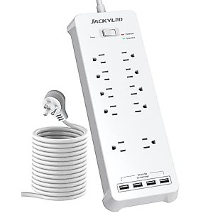 JACKYLED Surge Protector Power Strip with 4 Fast Charge USB Ports, 1875W/15A, 2100 Joules, 10 AC Widely Outlets, 5Ft Flat Plug Heavy Duty Extension Cord for Home, Office, Dorm Room, ETL Listed, White