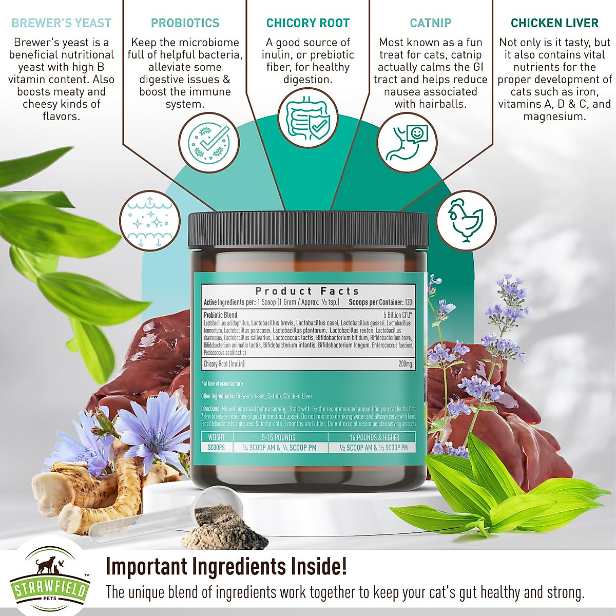 Strawfield Pets' Pre + Probiotic Powder for Cats with Catnip Probiotic for Cats Diarrhea Relief Supplement Natural Chicken Liver Flavor 120 Grams / 120 Scoops