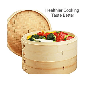 JapanBargain 2221, Bamboo Steamer Basket 6 inch Chinese Food Rice Vegetable Dim Sum Buns Chicken Meat Seafood Dumpling Steamer, 6-inch