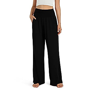 ODODOS Women's Wide Leg Palazzo Lounge Pants with Pockets Light Weight Loose Comfy Casual Pajama Pants-28 inseam, Black, Large