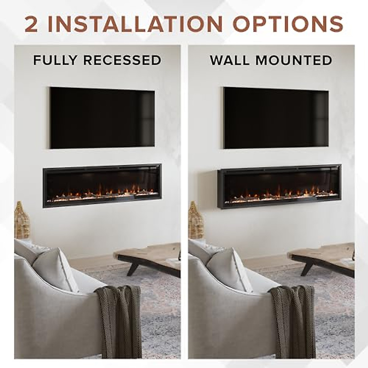 Modern Ember Aerus 60 Inch Smart Linear Electric Fireplace - Recessed in-Wall and Wall-Mount, Multiple Flame Colors, Compatible with Alexa and Google Assistant