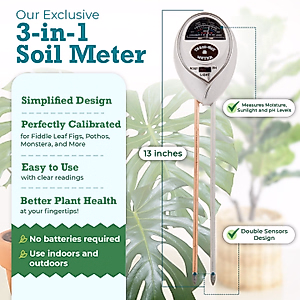 HOUSEPLANT RESOURCE CENTER Soil Meter - 3 in 1 pH, Moisture, Light Tester for House Plants, Pothos, Monstera - Indoor and Outdoor Plant Hydrometer, Compact, Easy to Use, No Batteries