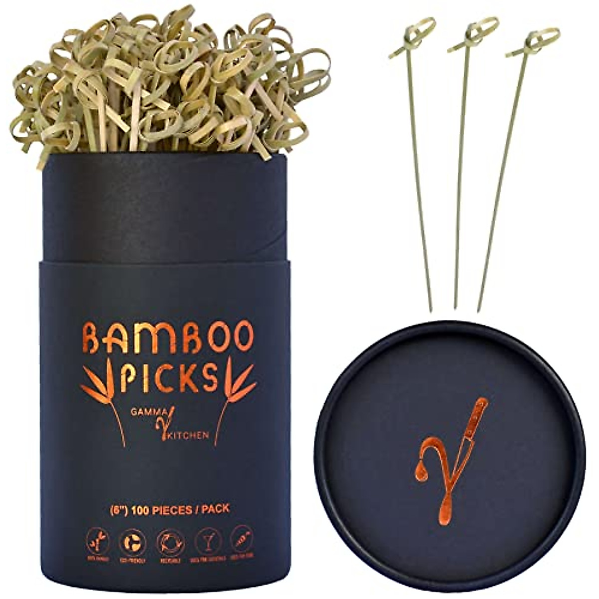 Cocktail Picks - Bamboo Skewers - Long Toothpicks for Appetizers - Eco Friendly Skewer Sticks - Fancy for Martini Drinks & Food Appetizer - Charcuterie Accessories - 6 inch Wooden Knot Pick 100 pcs