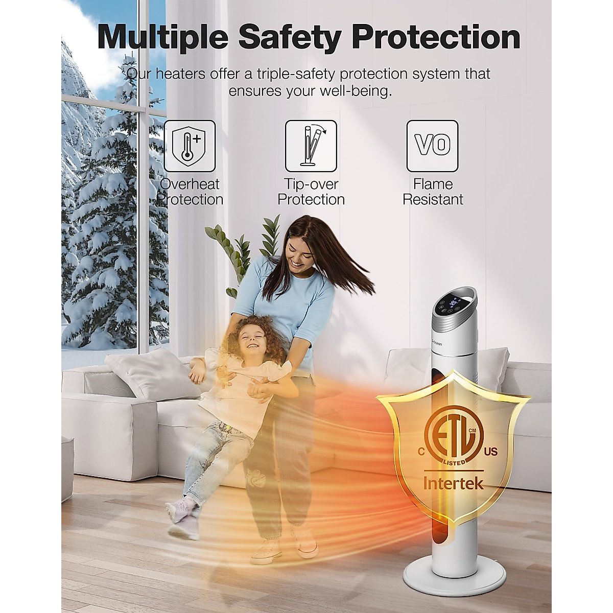 Space Heater for Large Room, 34" Tower Heater with Remote, 1500W Space Heater with 12H Timer, 70° Oscillating, Adjustable Thermostat, Overheating & Tip-over Protection for Garage, Home Indoor Use