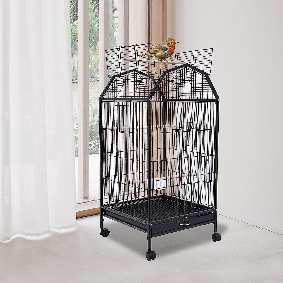 Bird Cage,Black Large Bird Cage with Rolling Stand,Large Pet Cage with Wheels,Cockatiel Parakeet Finch Parrot Birdcage 5 Door (17.9" L x 17.9" W x 39.9" H)