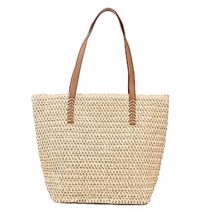 Large Straw Beach Bag for Womens, Straw Handbag Woven Tote Bag With Zipper Summer Straw Shoulder Bag (Beige)