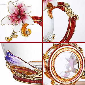 Tea Cup, Mother's Day Gifts, Gifts Coffee Mug Cups, Lily Flower Glass Tea Cup, Unique Personalized Birthday Present Ideas for Women Grandma Mom Teachers Hot Beverages 12OZ Pink