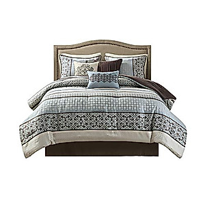 Madison Park Cozy Comforter Set - Luxurious Jaquard Traditional Damask Design, All Season Down Alternative Bedding with Matching Shams, Decorative Pillow Princeton Blue Queen(90"x90") 7 Piece
