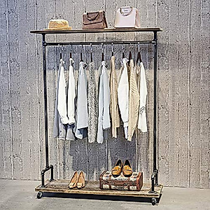 Industrial Pipe Clothing Rack on Wheels,Vintage Rolling Rack for Hanging Clothes,Retail Display Clothing Racks with Shelves,Wooden Garment Rack with Wheels,Heavy Duty Clothes Rack Cloths Coat Rack