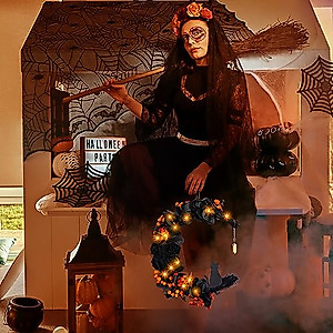 Ceenna Halloween Wreaths Moon Cat Wreath with Rose Cat Door Wreath Cute Cat Garland Light up Moon Cat Wreath with Rose for Front Door Indoor Outdoor Window Farmhouse Porch Wall (Orange Berry)