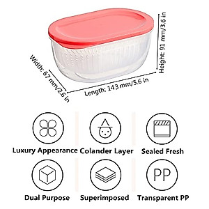 Food Storage Container with Colander Layer, Refrigerator Fresh-keeping Container Bowl Multifunctional Vegetable Fruit Liquid Storage Container Sealed with Lids Kitchen Essentials, 18 oz (Red)