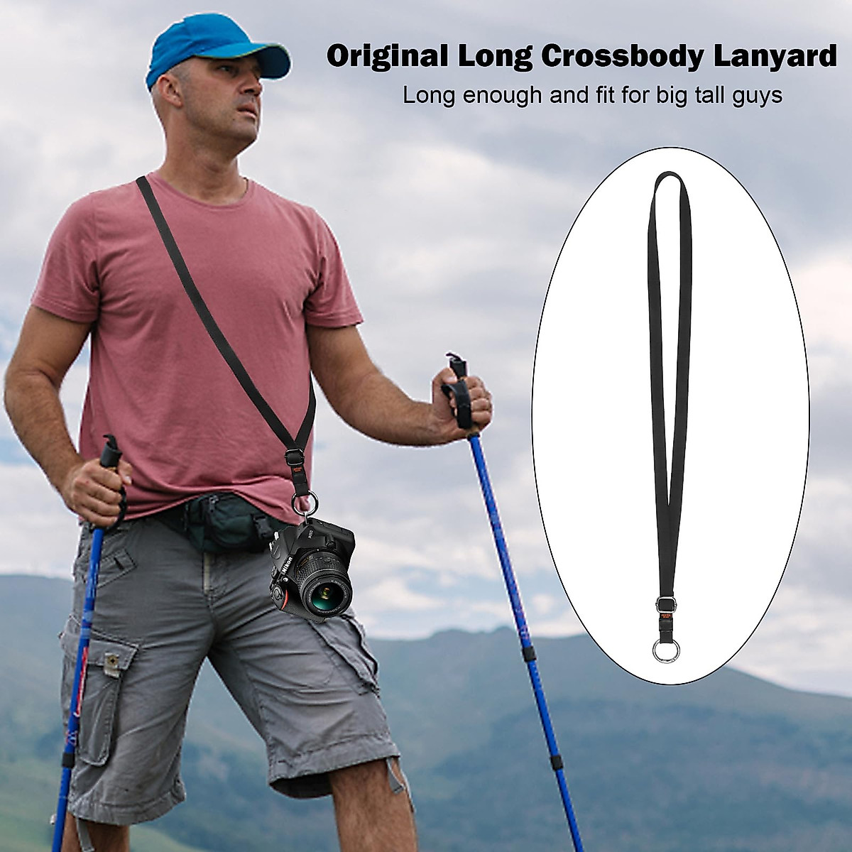 Desing Wish Dual-use Adjustable Lanyard for Original Long Crossbody Lanyard or End-to-end Connection Lanyard, Anti-Lost Cross Body Strap Cotton Neck Strap Holder for Keys Wallet Camera (Black)