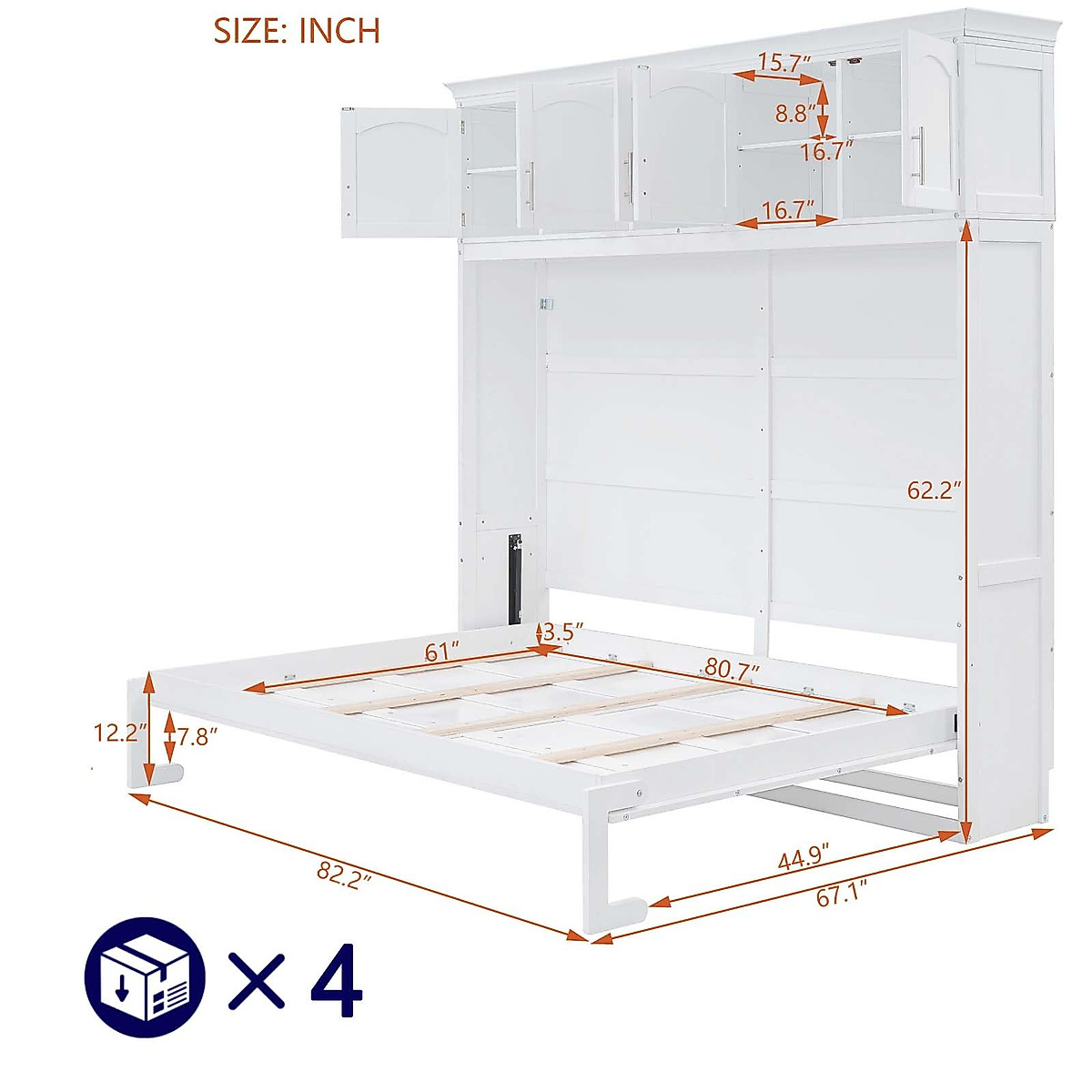 Firscook Queen Size Murphy Bed Wall Bed with Top Storage Shelves,Solid Wood Wall Bed, Multi-Functional Folding Bed Cabinet Night/Day Furniture, Space-Saving and Sturdy Slat Support, White