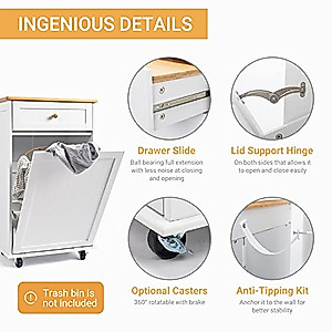 VINGLI Tilt Out Trash Cabinet with Drawer and Cutting Board, 10 Gallon Hidden Trash Can Cabinet, Freestanding or Rolling Garbage Can Cabinet for Kitchen, Living Room, Dinning Room, White Wood