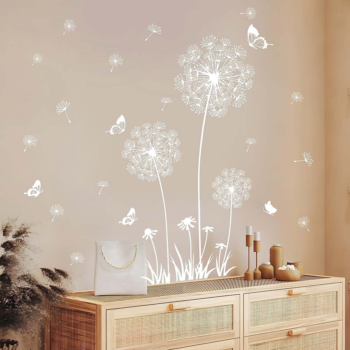 Supzone Dandelion Wall Stickers Flower Wall Decals Butterflies Flying Wall Decors Art Stickers for Bedroom Living Room Sofa Backdrop TV Wall Decor (White Dandelion)