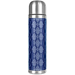 Stainless Steel Leather Vacuum Insulated Mug Vintage Flower Texture Thermos Water Bottle for Hot and Cold Drinks Kids Adults 16 Oz