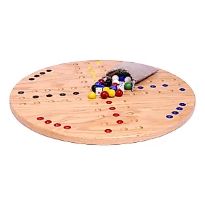 AmishToyBox.com Wahoo Marble Game Board Set - Round 18" Wide Marbles Game - Solid Oak Wood - Double-Sided - with Large 18mm Marbles and Dice Included