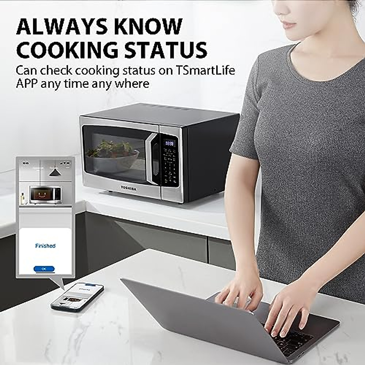 TOSHIBA ML-SEM23P(SS) Smart Countertop Microwave, Voice Control with Alexa, Free Recipes in APP, Kitchen Essentials, Mute Function & ECO Mode, 900W, 0.9 Cu Ft, With 10.6" Turntable, Stainless Steel