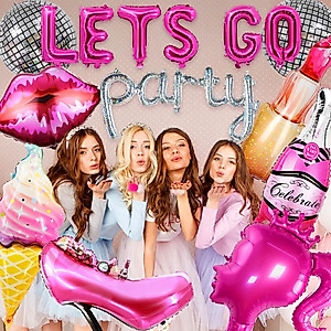 15PCS Hot Pink Princess Girl Doll Foil Balloon Lip Letter LETS GO Party Silver Disco Ball Balloon Photo Prop for Pink Theme Party Decorations Backdrop Bachelorette Party Women Birthday Supplies