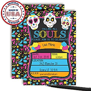 Sugar Skull Day Of The Dead, Dia De Los Muertos, Colorful Halloween Birthday Party Invitations, 20 5x7 Fill In Cards with Twenty White Envelopes by AmandaCreation